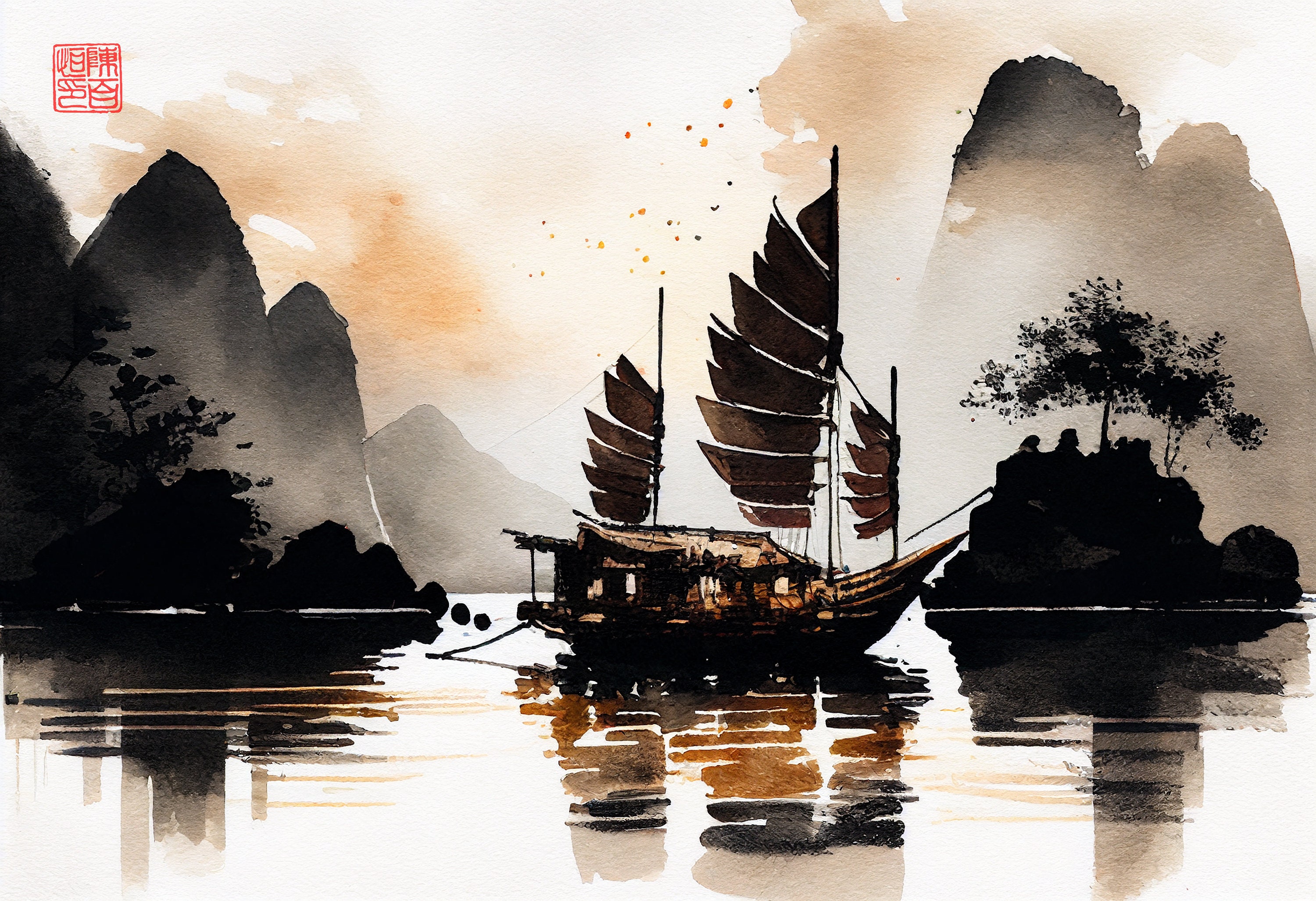 Printable Chinese Watercolor Painting Chinese Junk Boat Wall Art ...