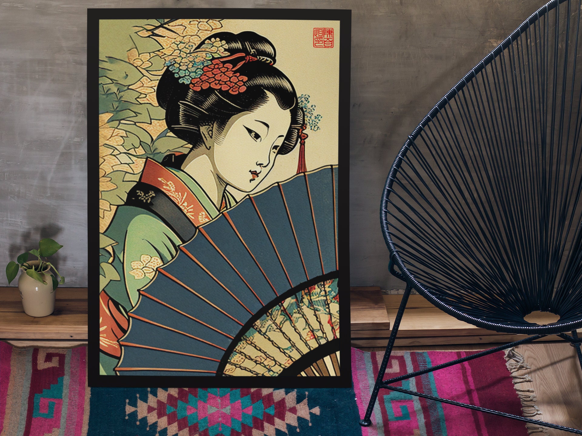 Printable Japanese Painting Ukiyo-e Style Geisha Wearing Kimono Holding ...