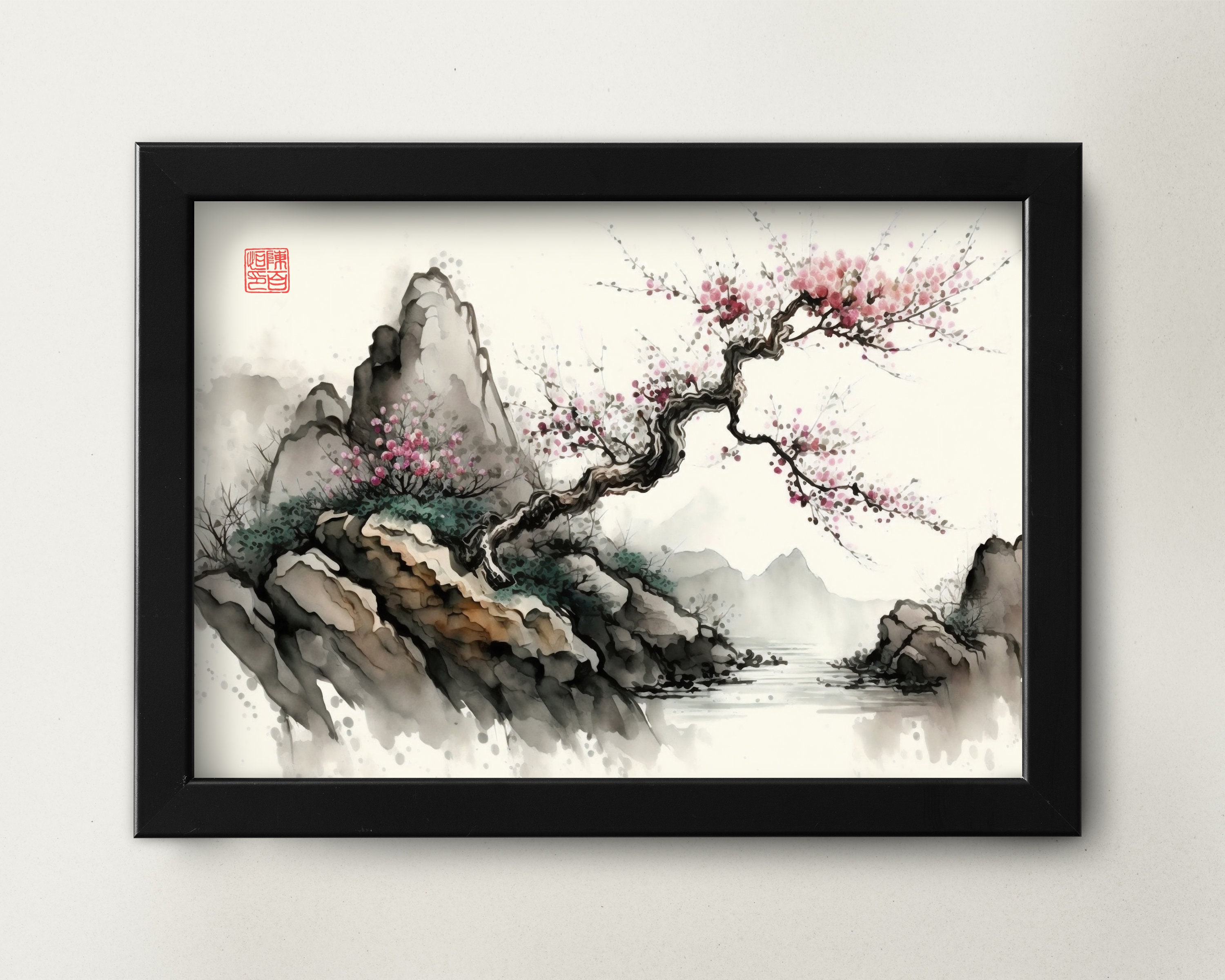 Printable Chinese Watercolor Painting Cherry Blossom Tree Wall Art ...