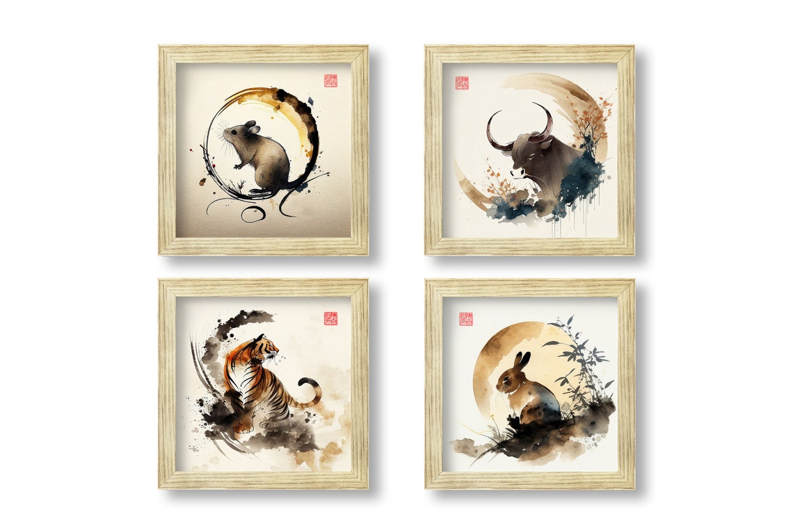 Printable Set of 12 Chinese Zodiac Animals Traditional Watercolor ...