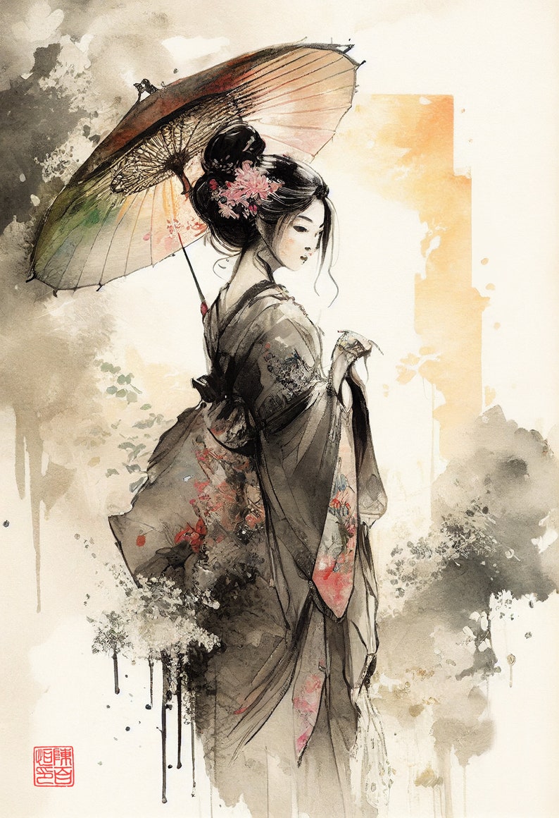 Printable Japanese Watercolor Painting Japanese Woman Wearing Kimono ...