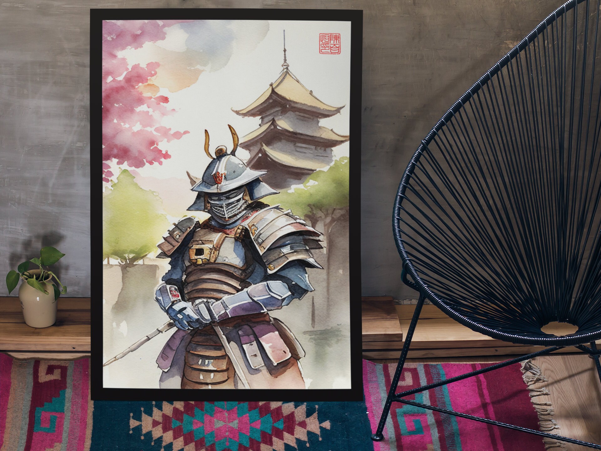 Druckbare japanische Aquarell Malerei Samurai Wand Kunst digitaler ...
