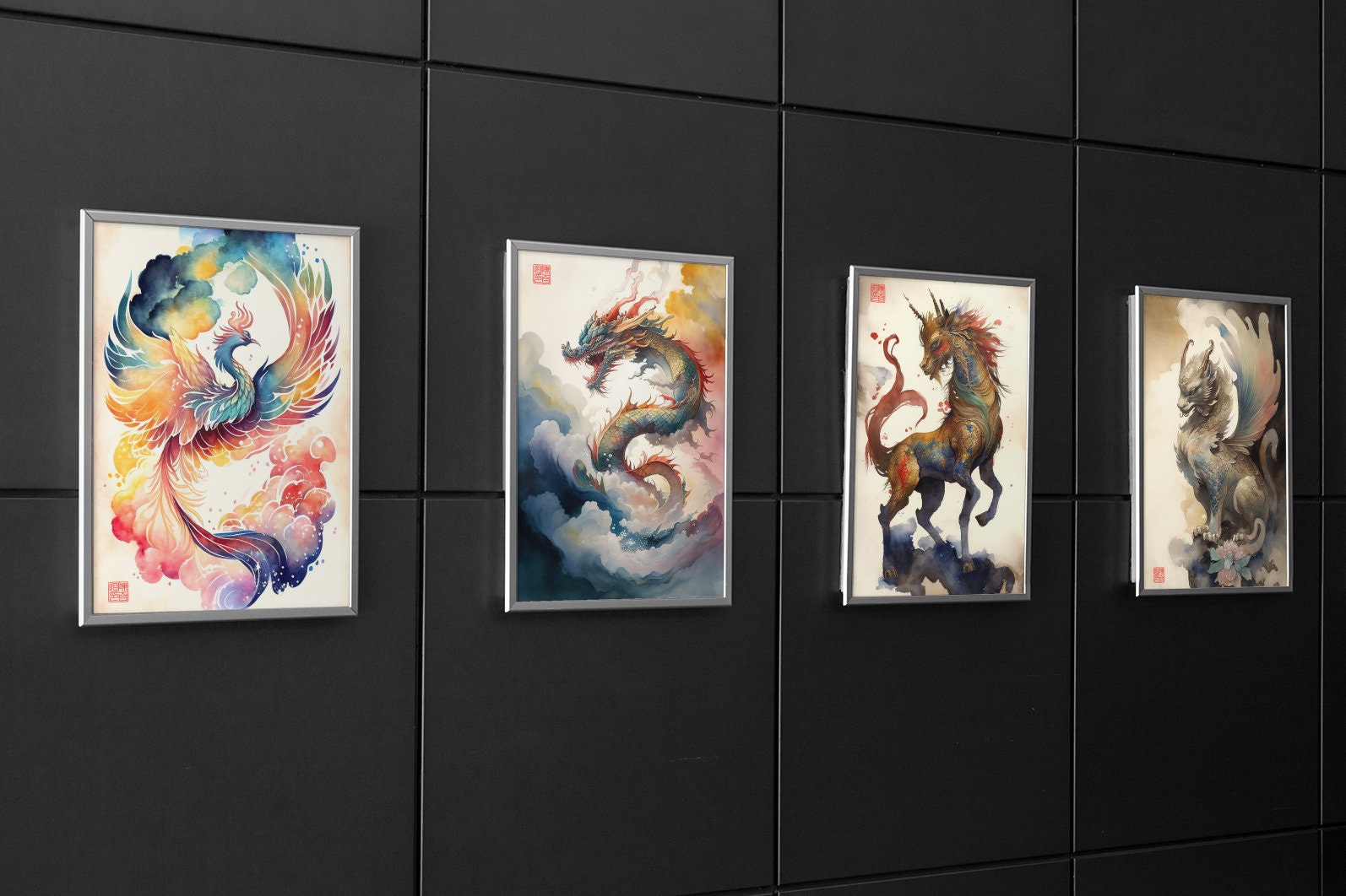 Printable Chinese Mythology Set of Four Watercolor Paintings Dragon ...
