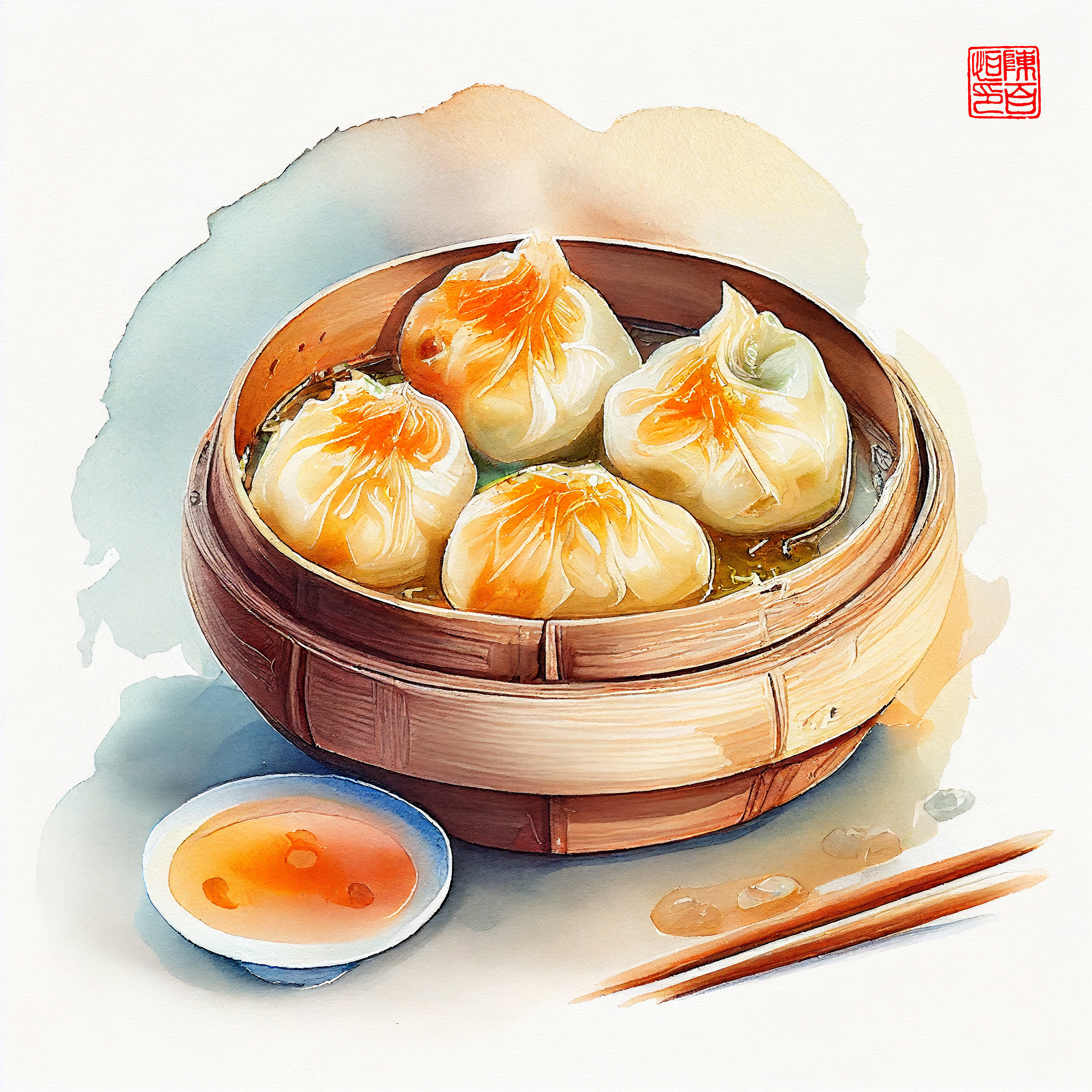Printable Chinese Watercolor Painting Dim Sum Dumplings Digital ...