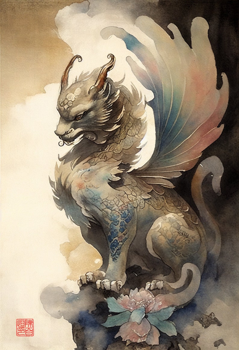Printable Chinese Watercolor Painting Pixiu Wall Art Digital Download ...