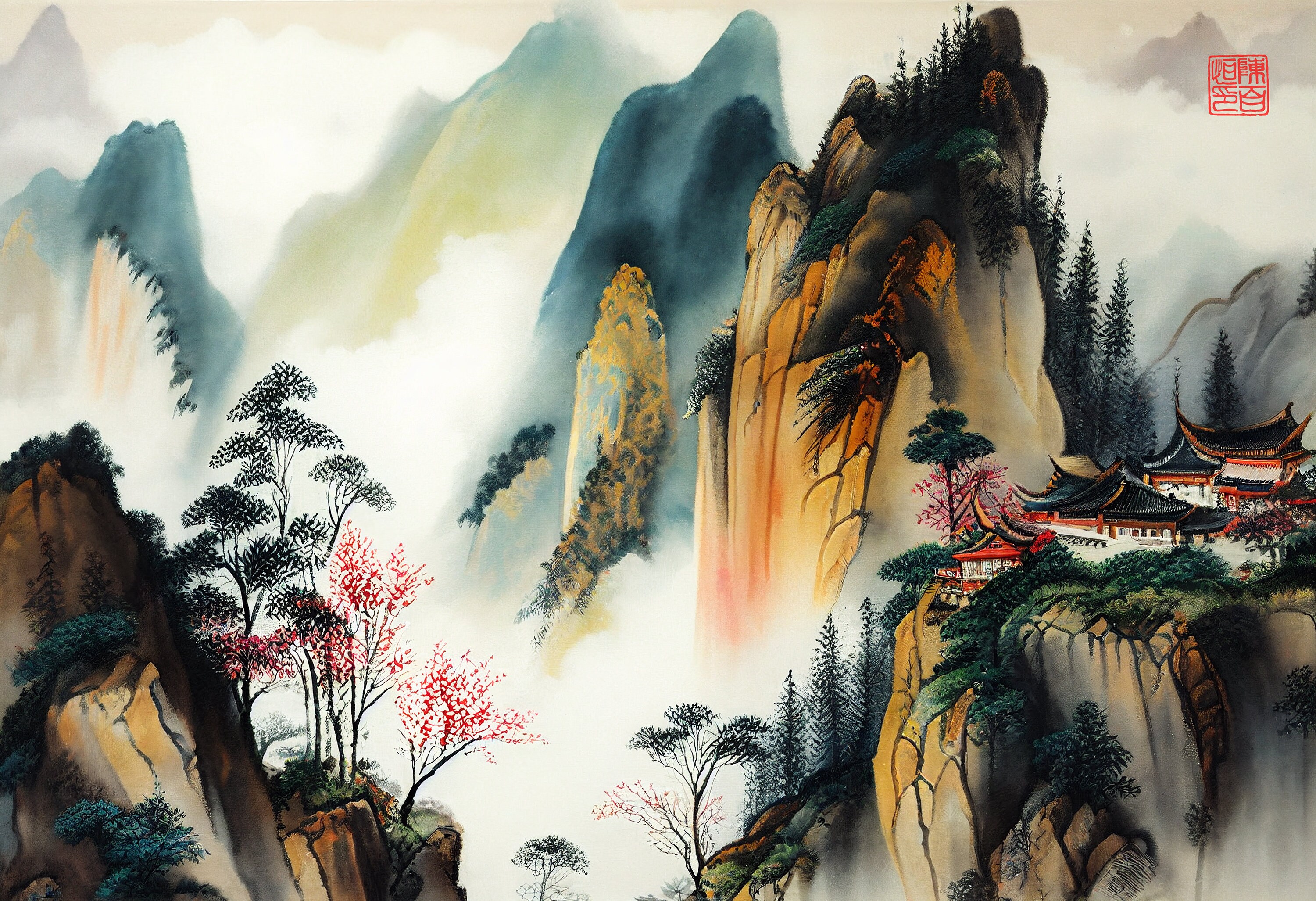 Printable Chinese Watercolor Painting Mountain Landscape Wall Art ...