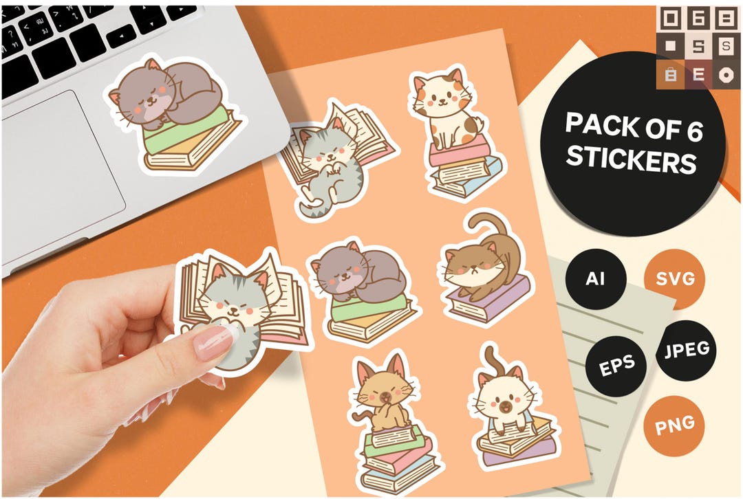 Cute Cats on A Stack of Books Sticker Pack - Etsy