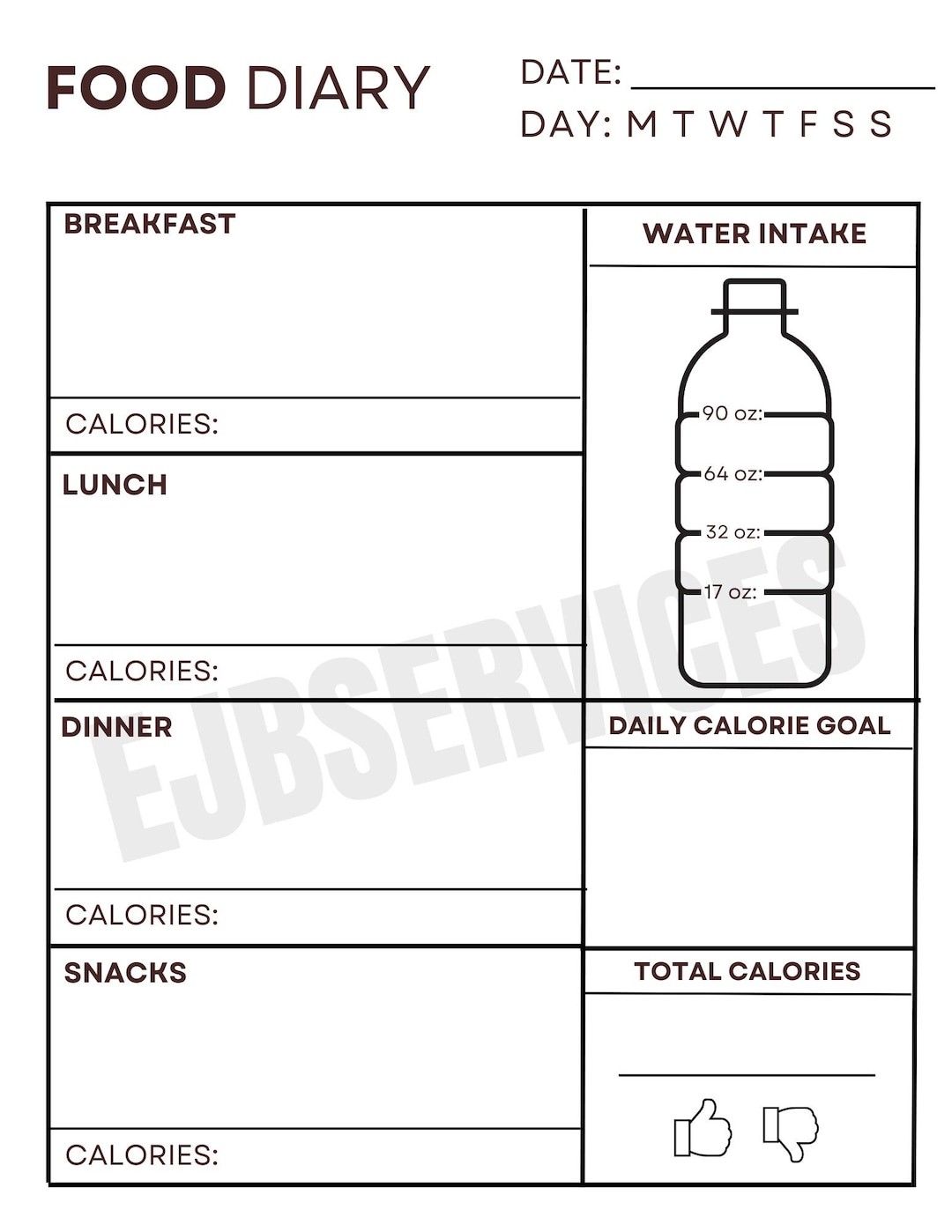 Food Diary, Food Tracker, Calorie Counter, Instant Download, Printable ...