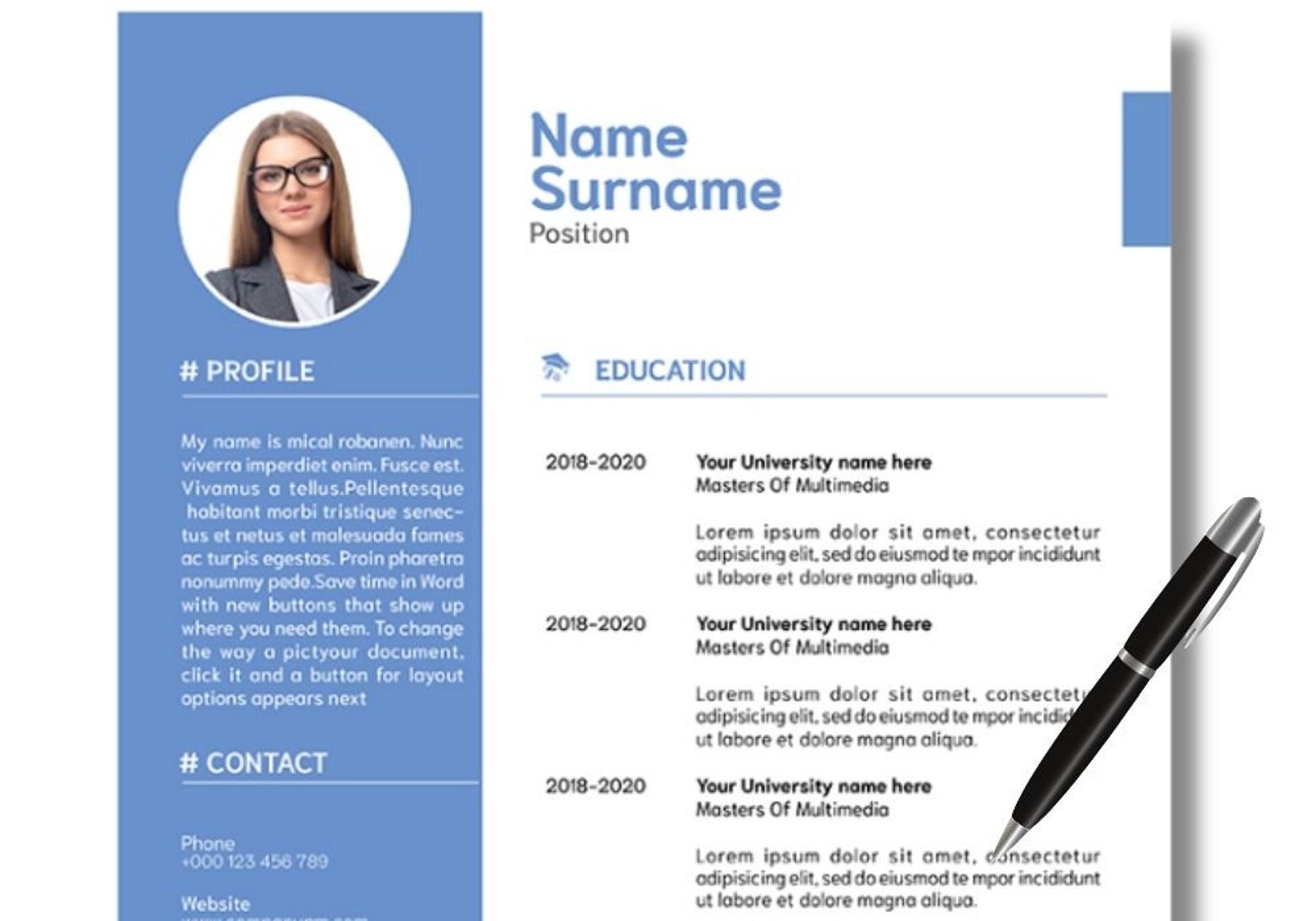 Modern Blue Resume/cv Template With Photo Customizable PDF and ...