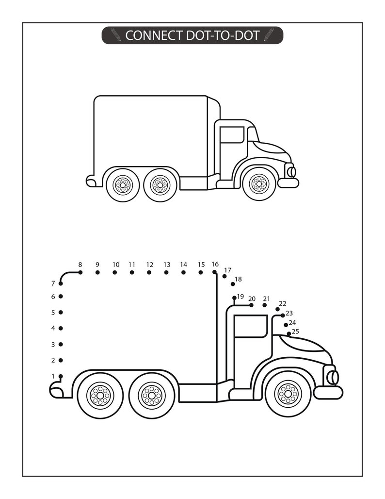 Truck Dot to Dot Activity Sheets Printable Vehicle Dot to Dot for Kids ...