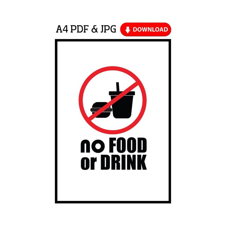 Printable No Food or Drink Sign - A4 PDF & JPG for Instant Download ...
