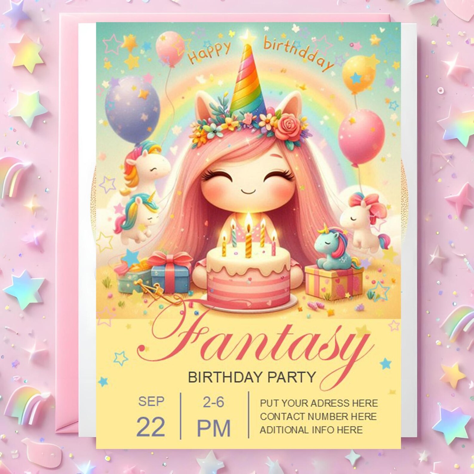 Editable Unicorn Birthday Invitation Magical Pastel Rainbow & Whimsical ...