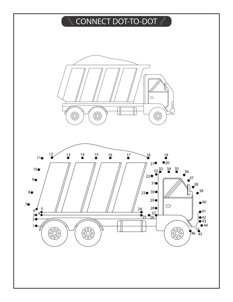 Truck Dot to Dot Activity Sheets Printable Vehicle Dot to Dot for Kids ...
