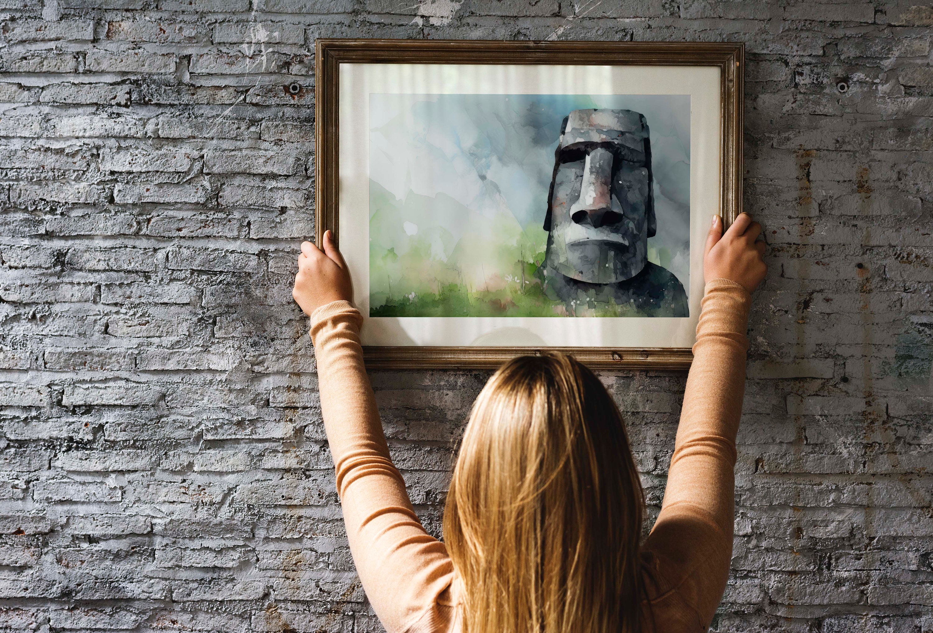 Vintage the Moai of Easter Island Painting, Vintage Easter Island Water ...