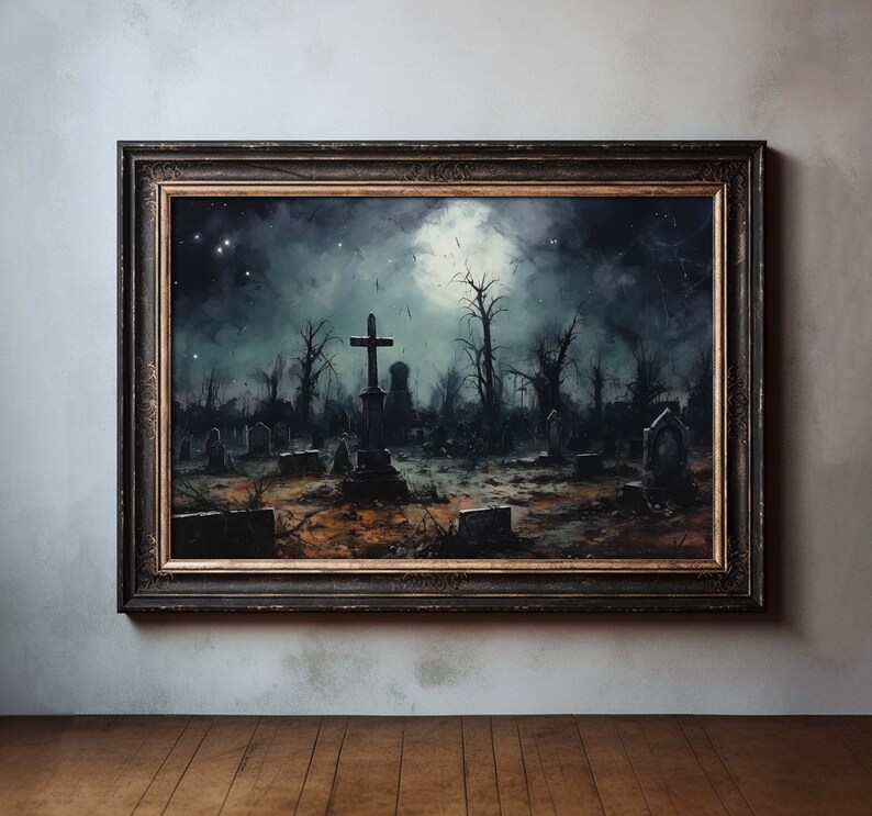 Vintage Graveyard Painting, Cemetery Water Color Painting, Oil Painting ...