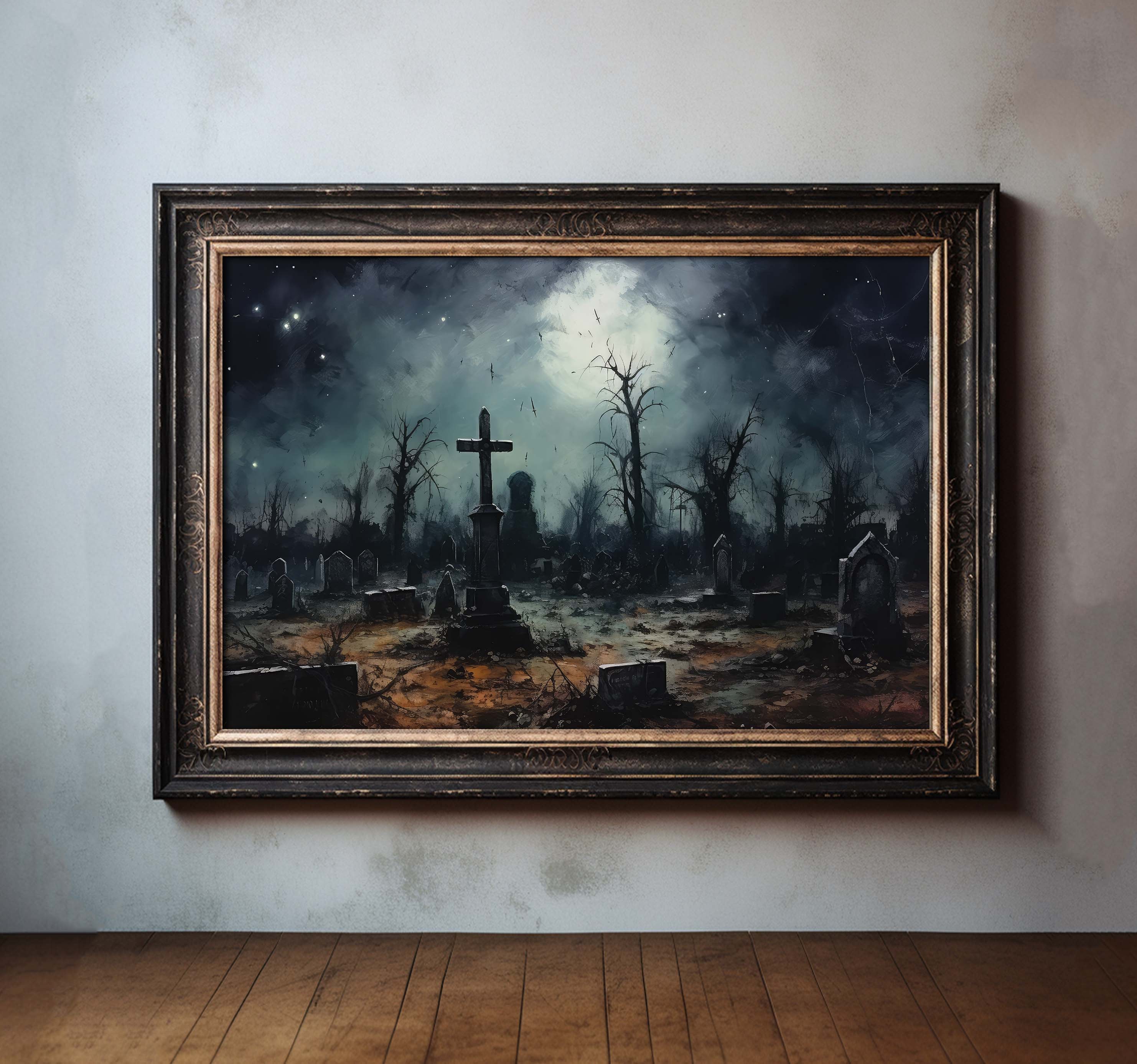 Vintage Graveyard Painting, Cemetery Water Color Painting, Oil Painting ...