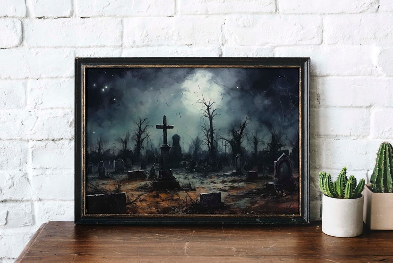 Vintage Graveyard Painting, Cemetery Water Color Painting, Oil Painting ...