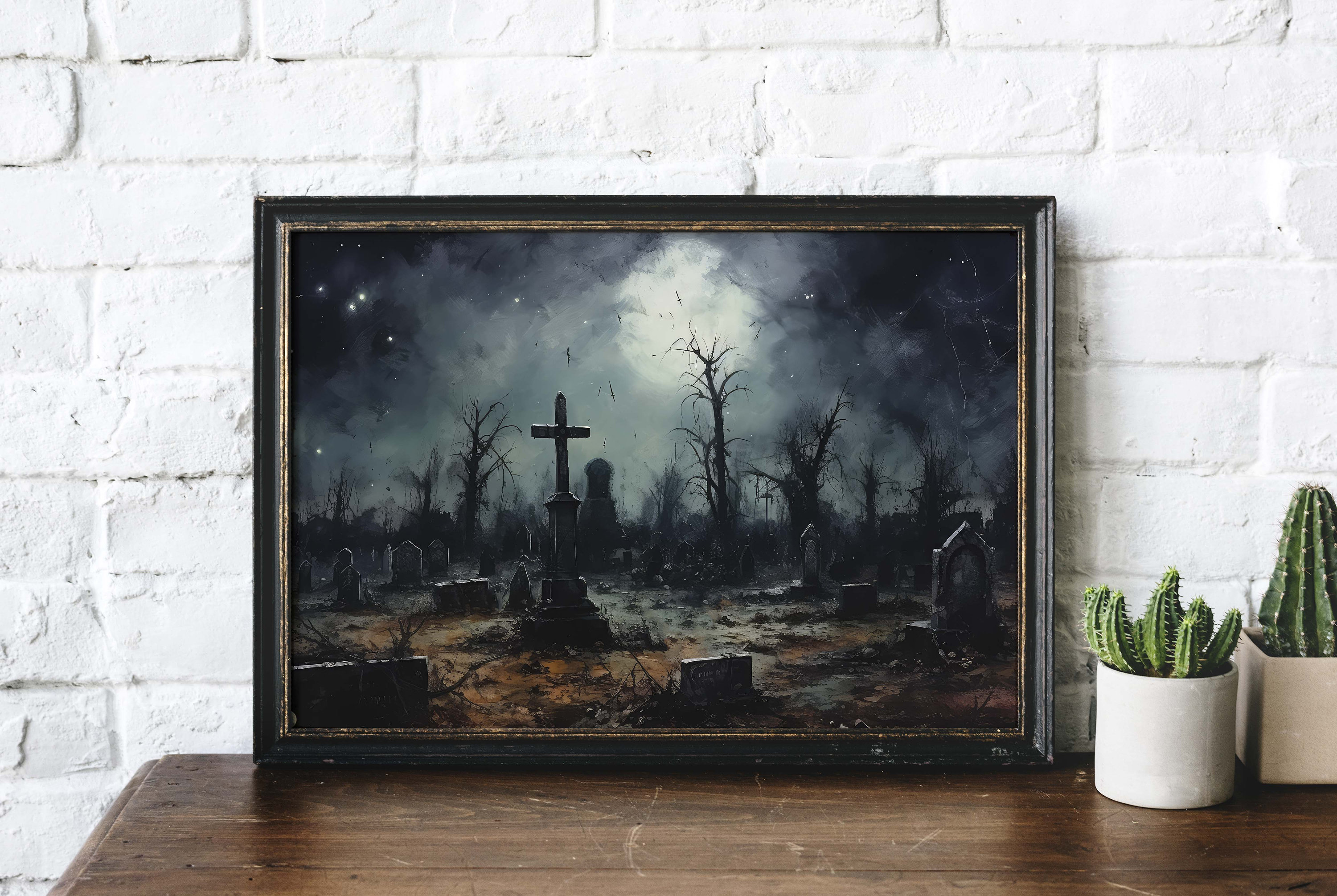 Vintage Graveyard Painting, Cemetery Water Color Painting, Oil Painting ...