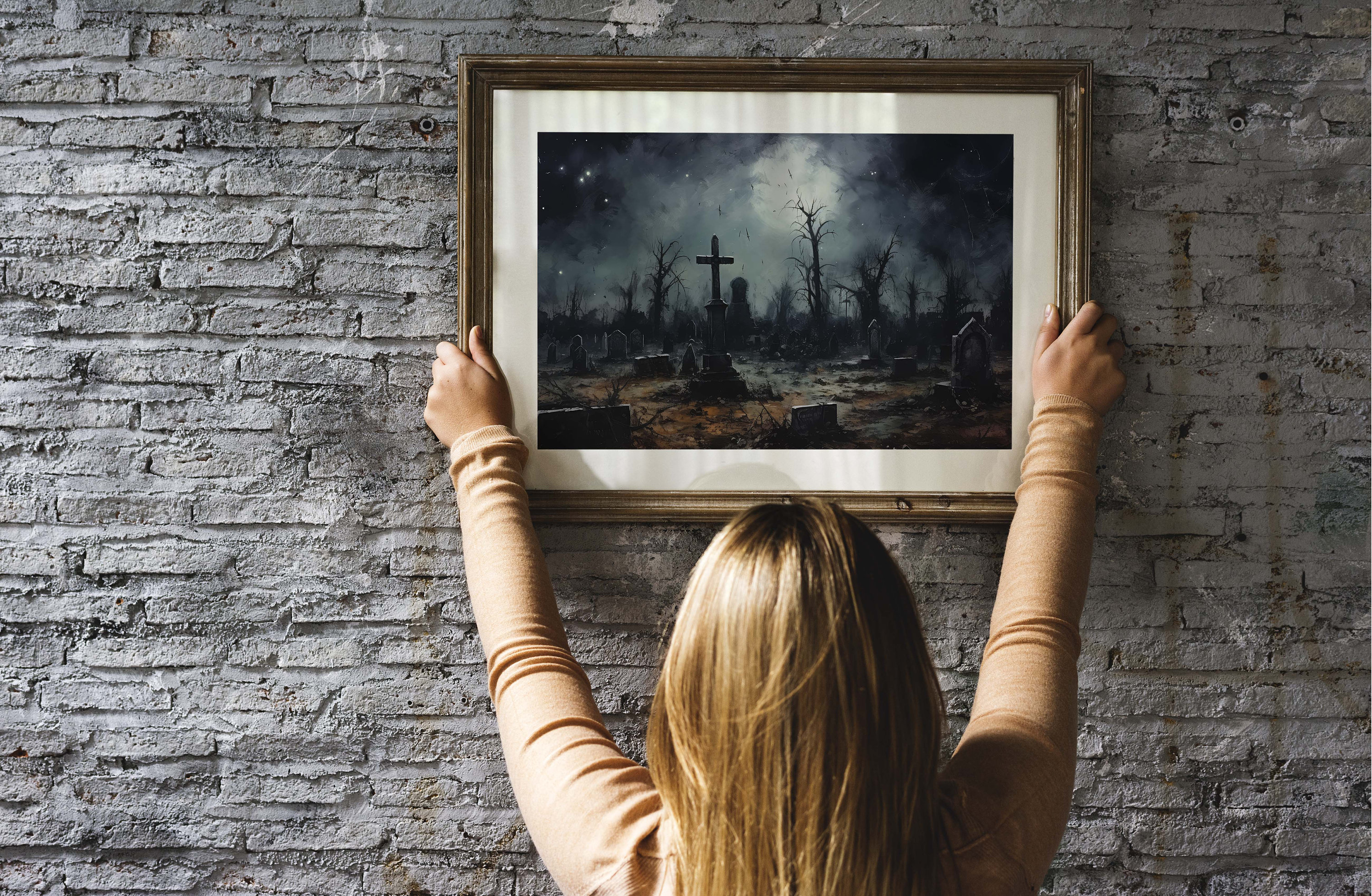 Vintage Graveyard Painting, Cemetery Water Color Painting, Oil Painting ...