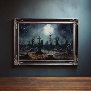 Vintage Graveyard Painting, Cemetery Water Color Painting, Oil Painting ...