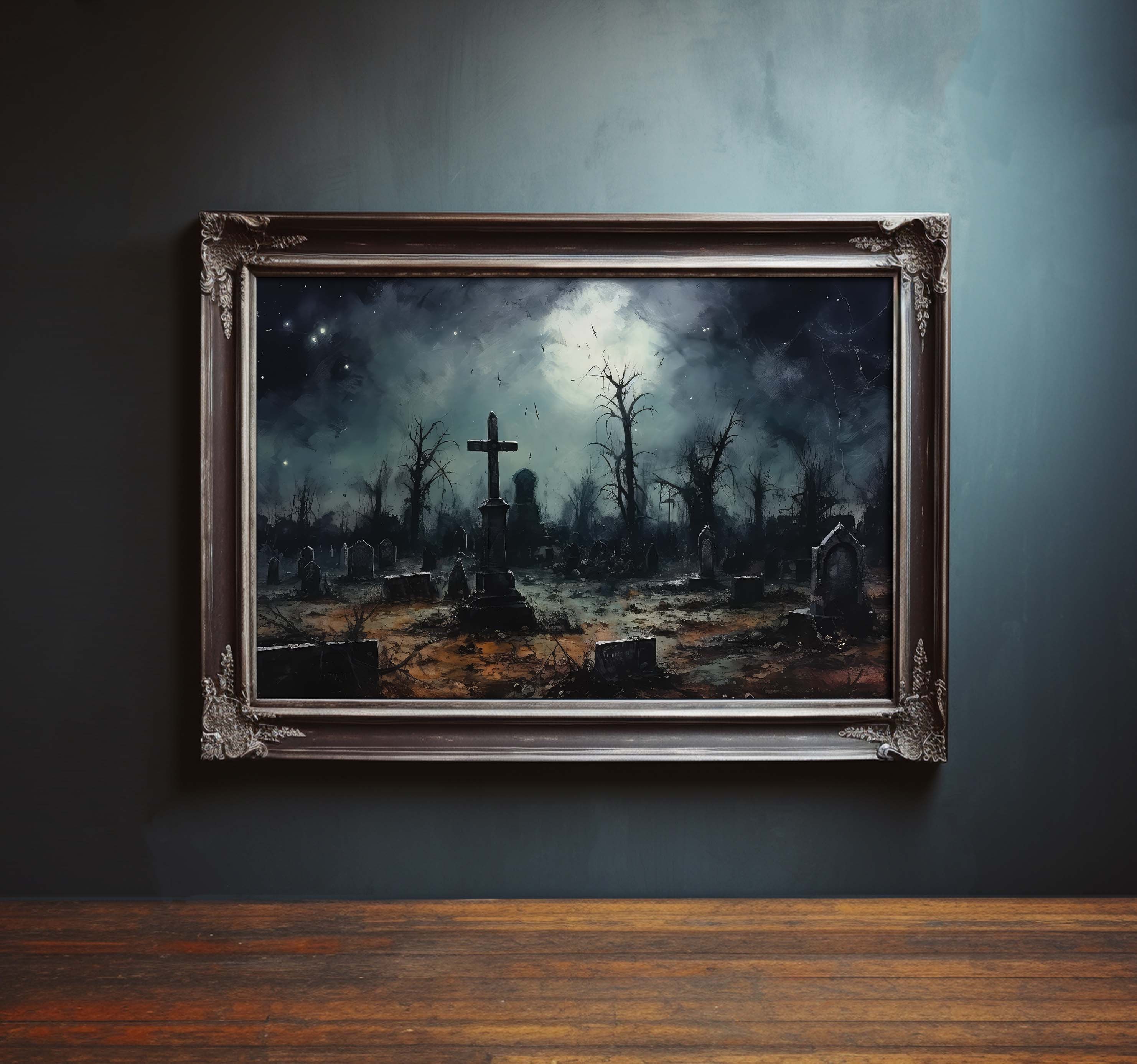 Vintage Graveyard Painting, Cemetery Water Color Painting, Oil Painting ...