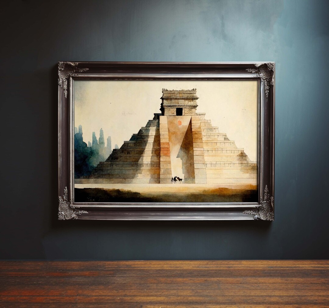 Vintage Mayan Pyramid Painting, Vintage Mayan Pyramid Water Color ...