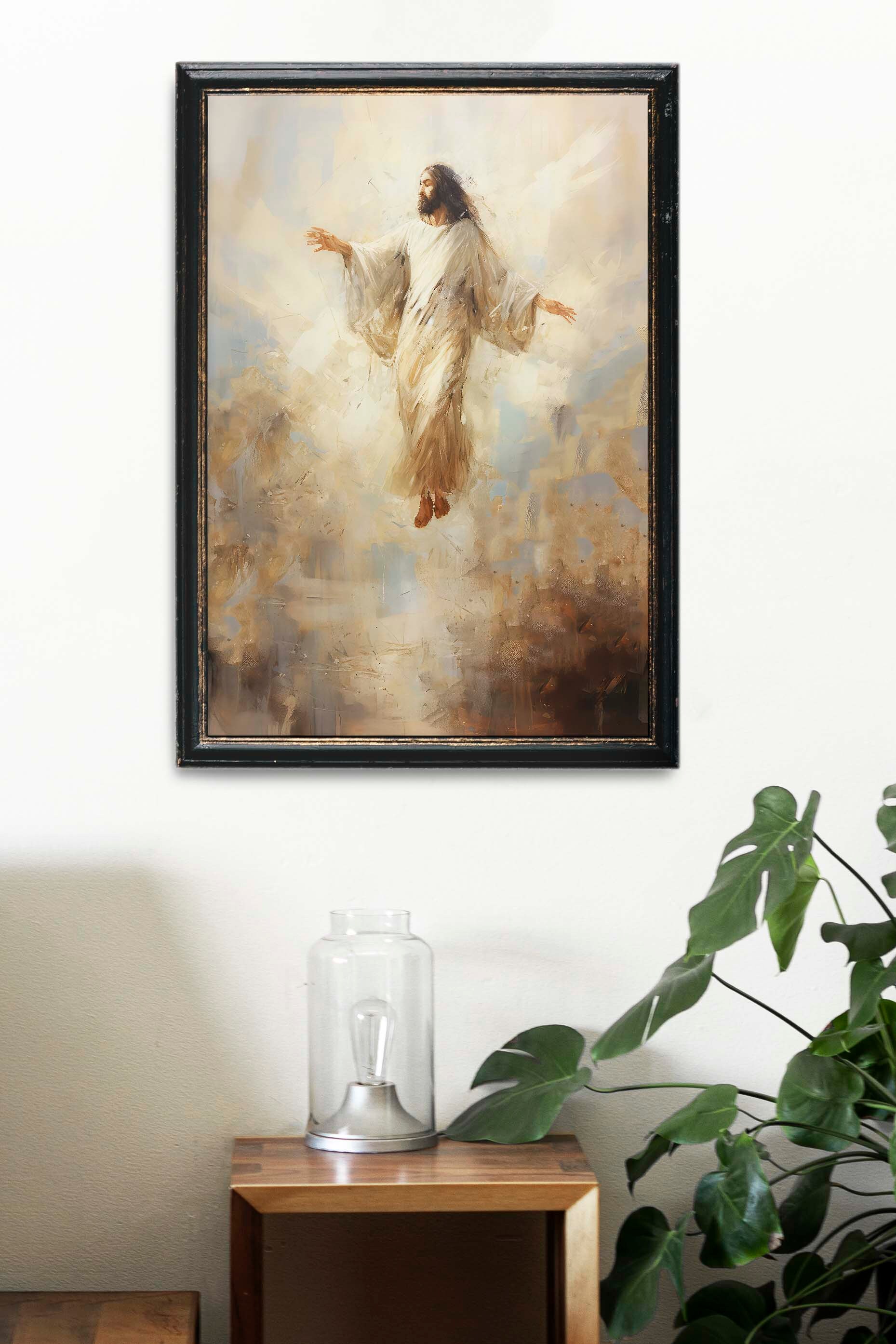 Vintage Painting Jesus Ascending to Heaven, Miracle Painting, Ascending ...