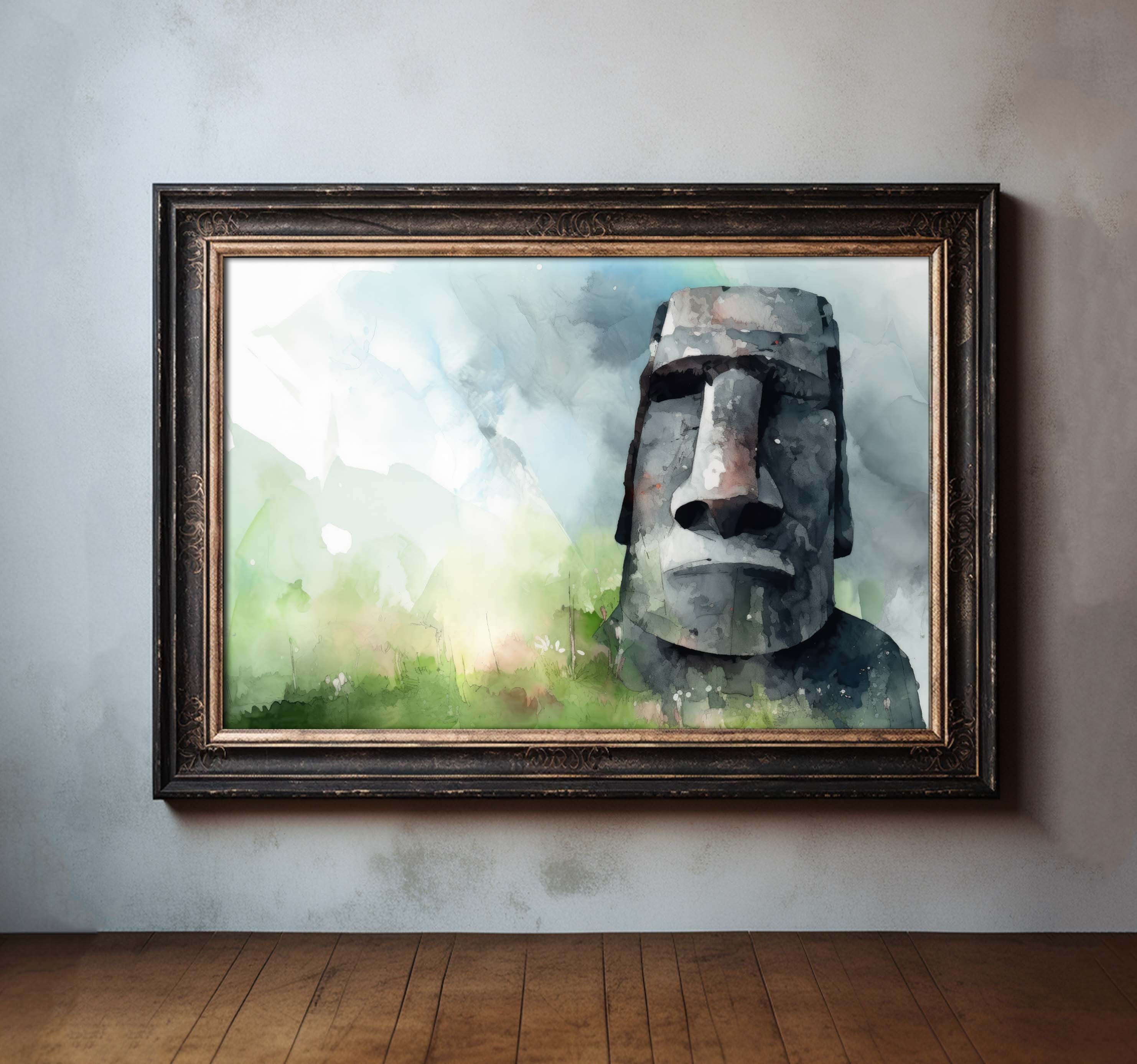 Vintage the Moai of Easter Island Painting, Vintage Easter Island Water ...