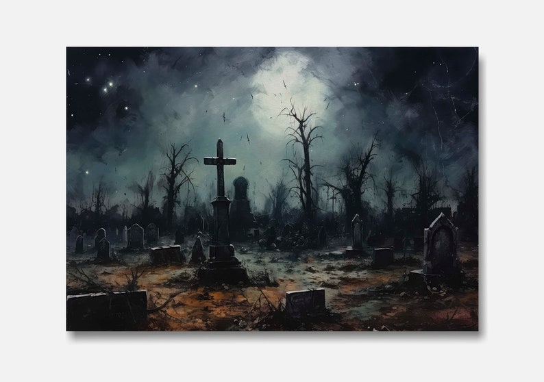 Vintage Graveyard Painting, Cemetery Water Color Painting, Oil Painting ...