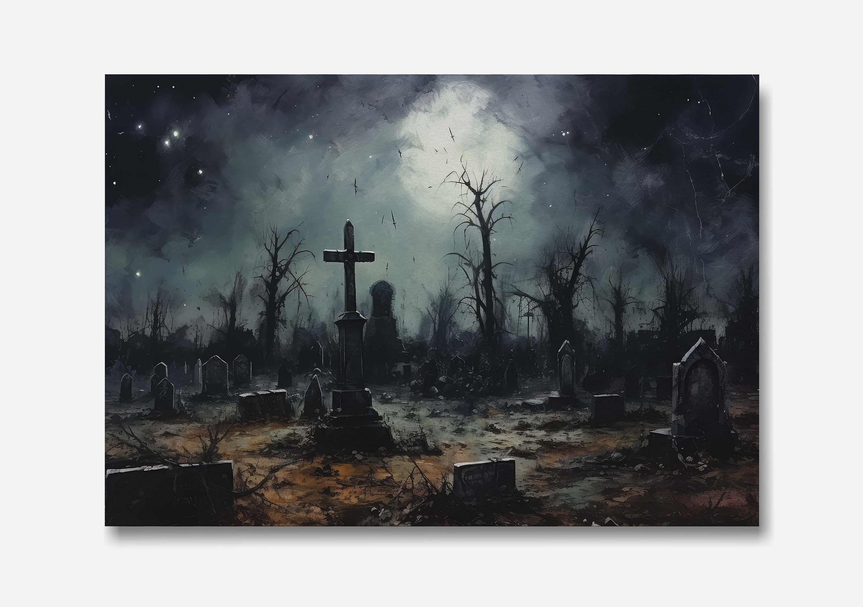 Vintage Graveyard Painting, Cemetery Water Color Painting, Oil Painting ...