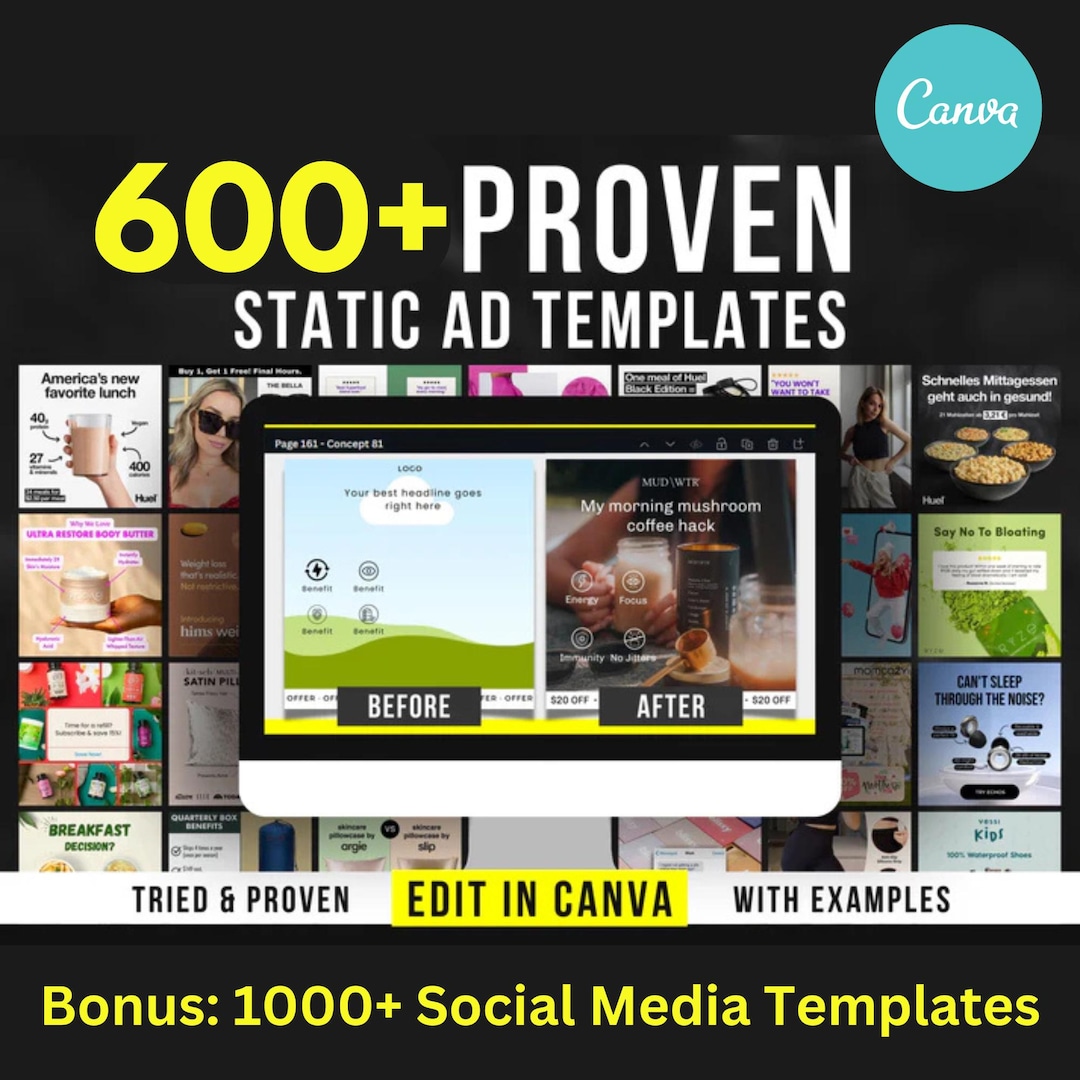 600+ Canva Ad Templates: Social Media Kit (digital Download) Free Bonus ...