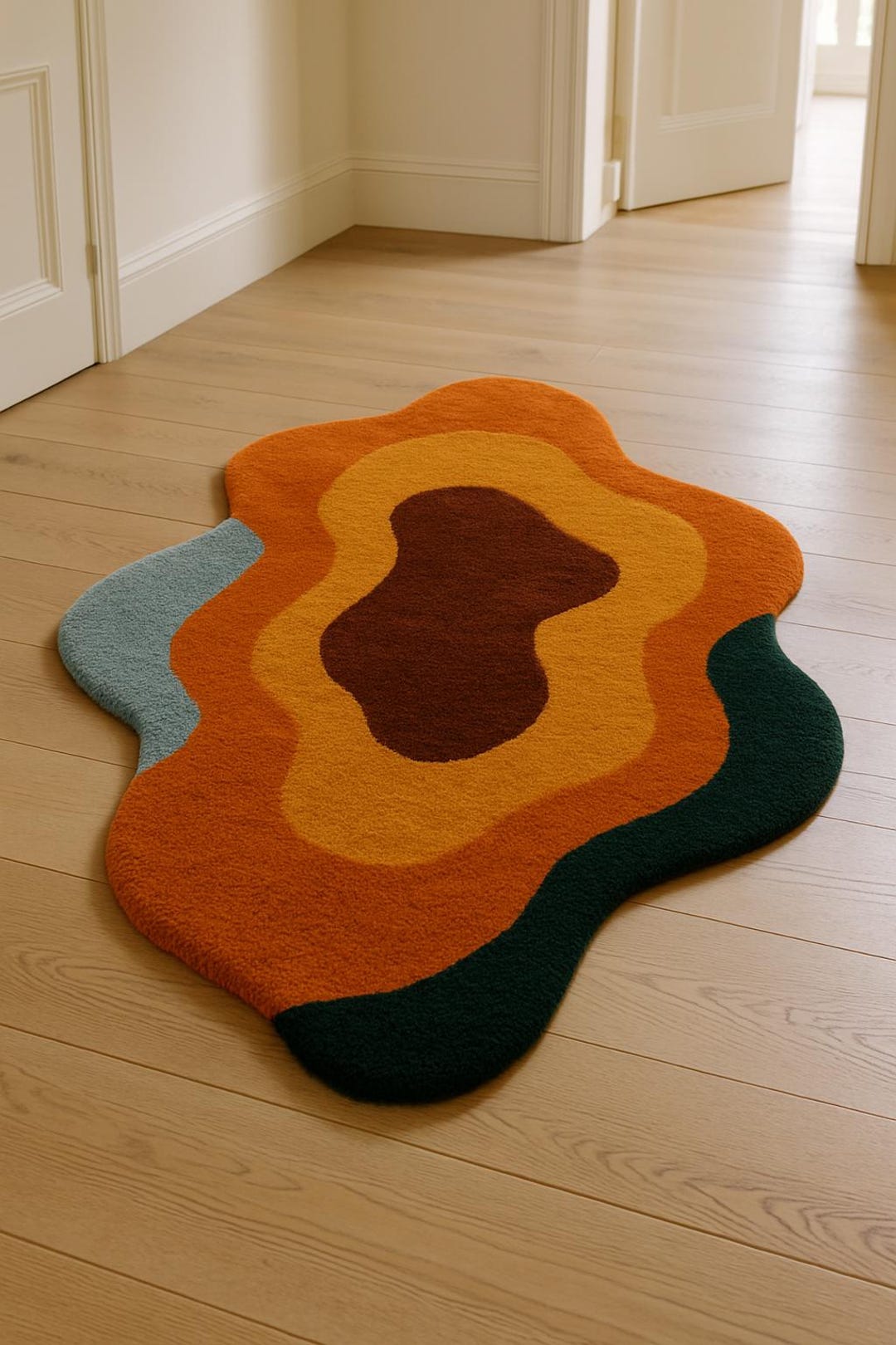 Irregular Amoeba Shape Hand Tufted Rug, Mustard Orange and Green Soft ...
