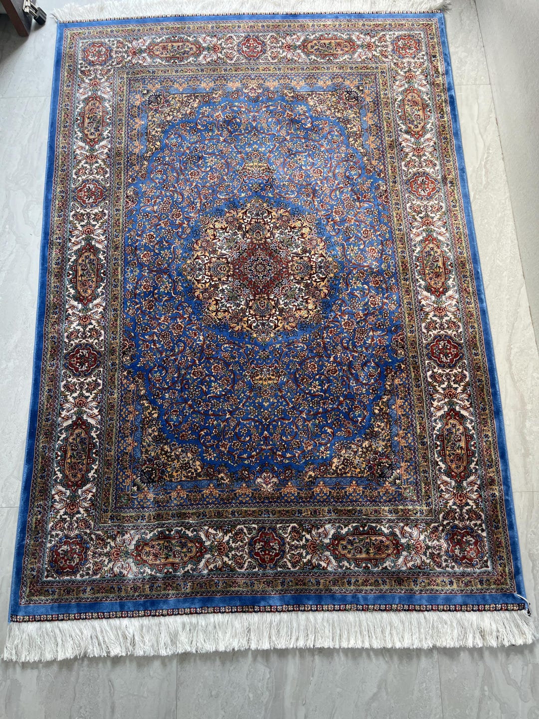 Luxurious Hand Knotted Blue Silk on Silk Premium Quality Area Rug Mid ...