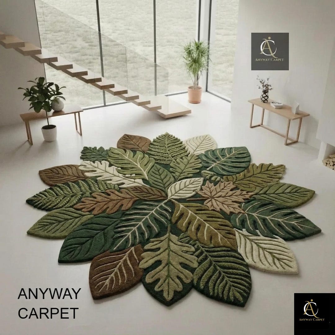 Hand-tufted Wool Leaf Rug – Green Botanical Carpet, Custom Size - Etsy