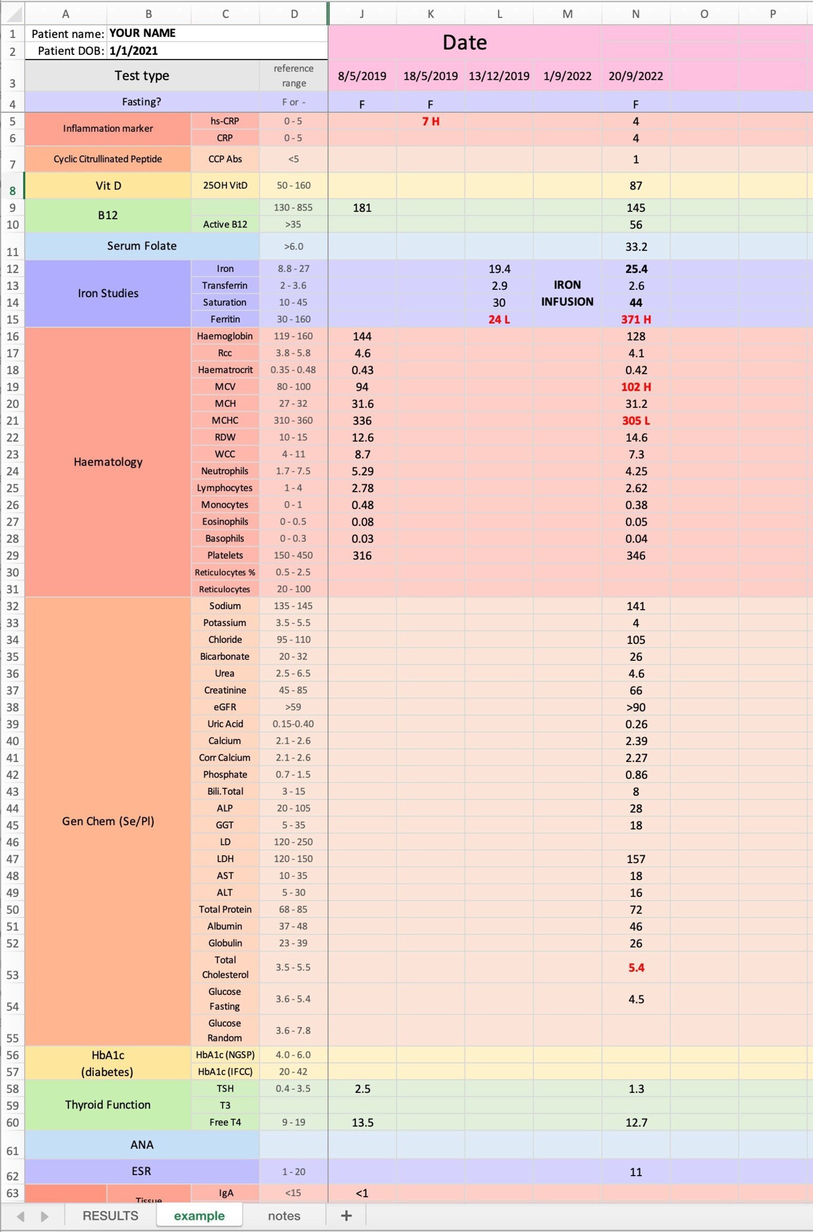 Blood Test Results Tracker Spreadsheet Starter - Etsy