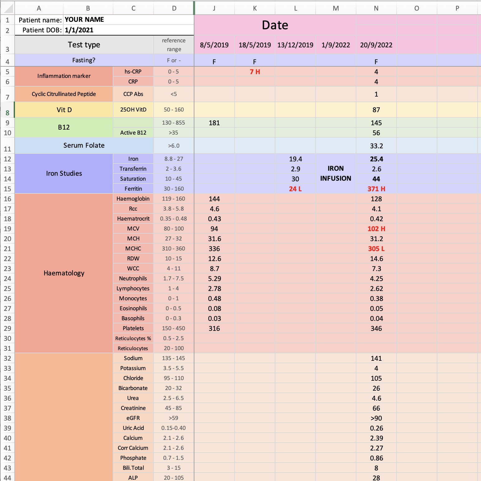 Blood Test Results Tracker Spreadsheet Starter - Etsy