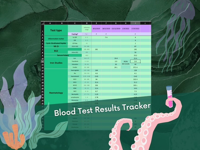 Blood Test Results Tracker Spreadsheet | Infinite Mermaid Colourway - Etsy