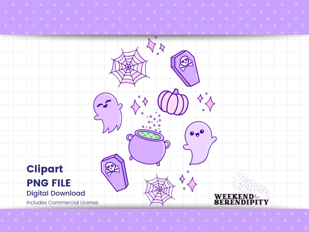 Kawaii Halloween Clipart: Ghosts, Cauldron, Spider Webs (PNG Digital ...