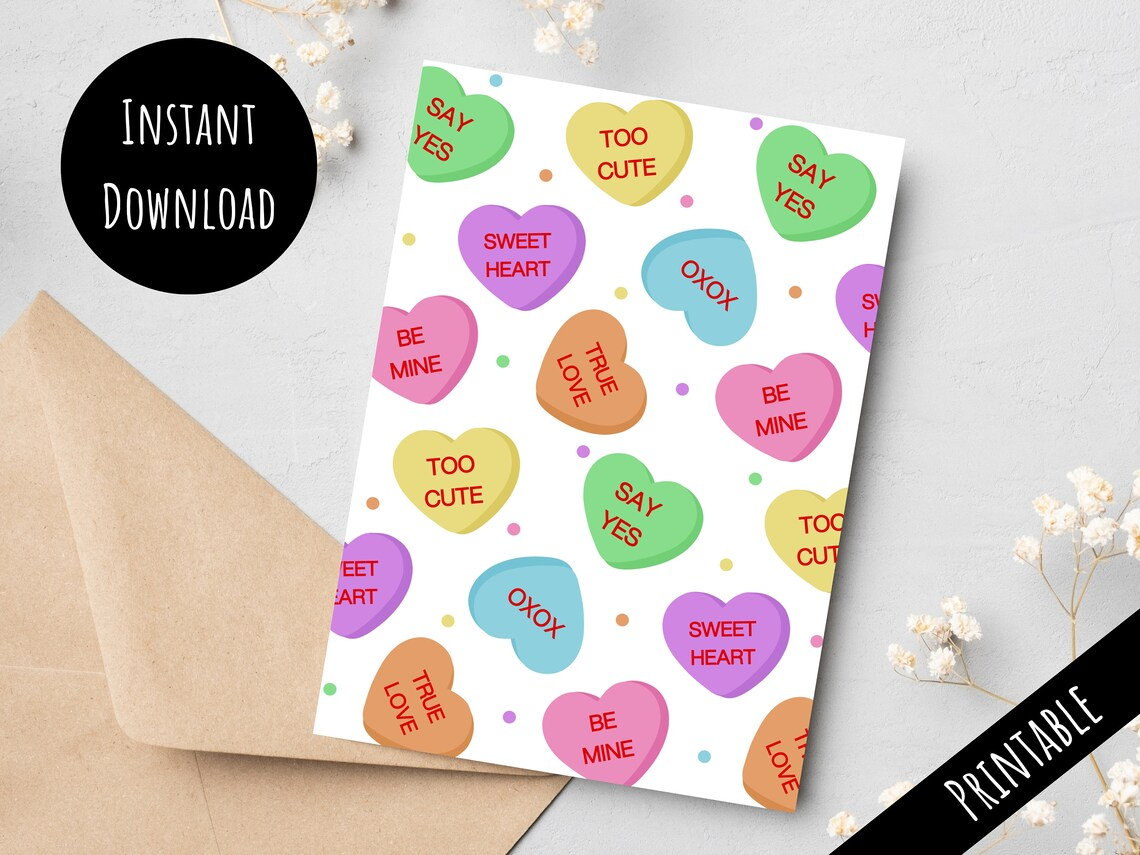 Printable Valentine's Day Candy Heart Card, Cute Sweetheart Message V ...