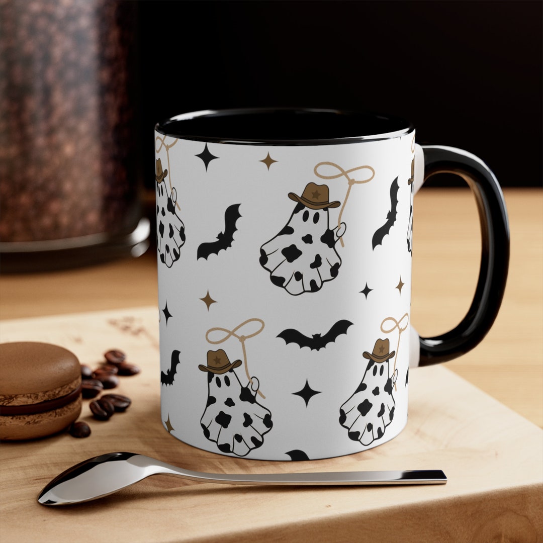 Cowboy Ghost Halloween Mug, Cow Print Ghosty With Hat Lasso Bats Stars ...
