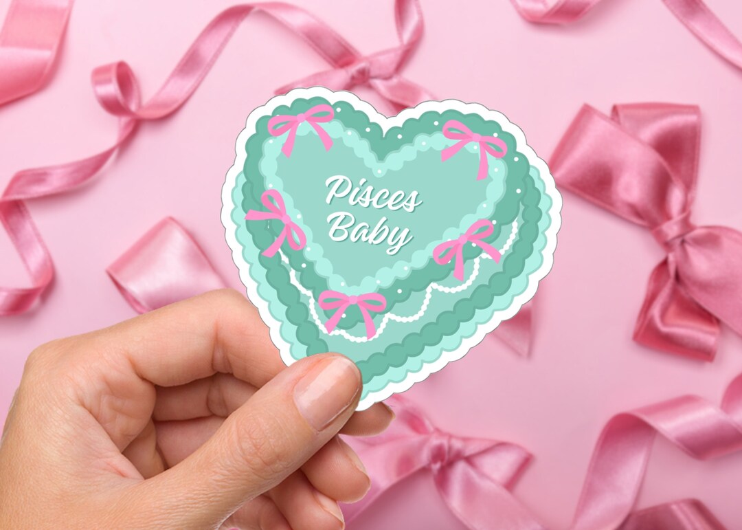Pisces Baby Heart Cake Sticker, Teal Zodiac Bow Cake Birthday Gift ...