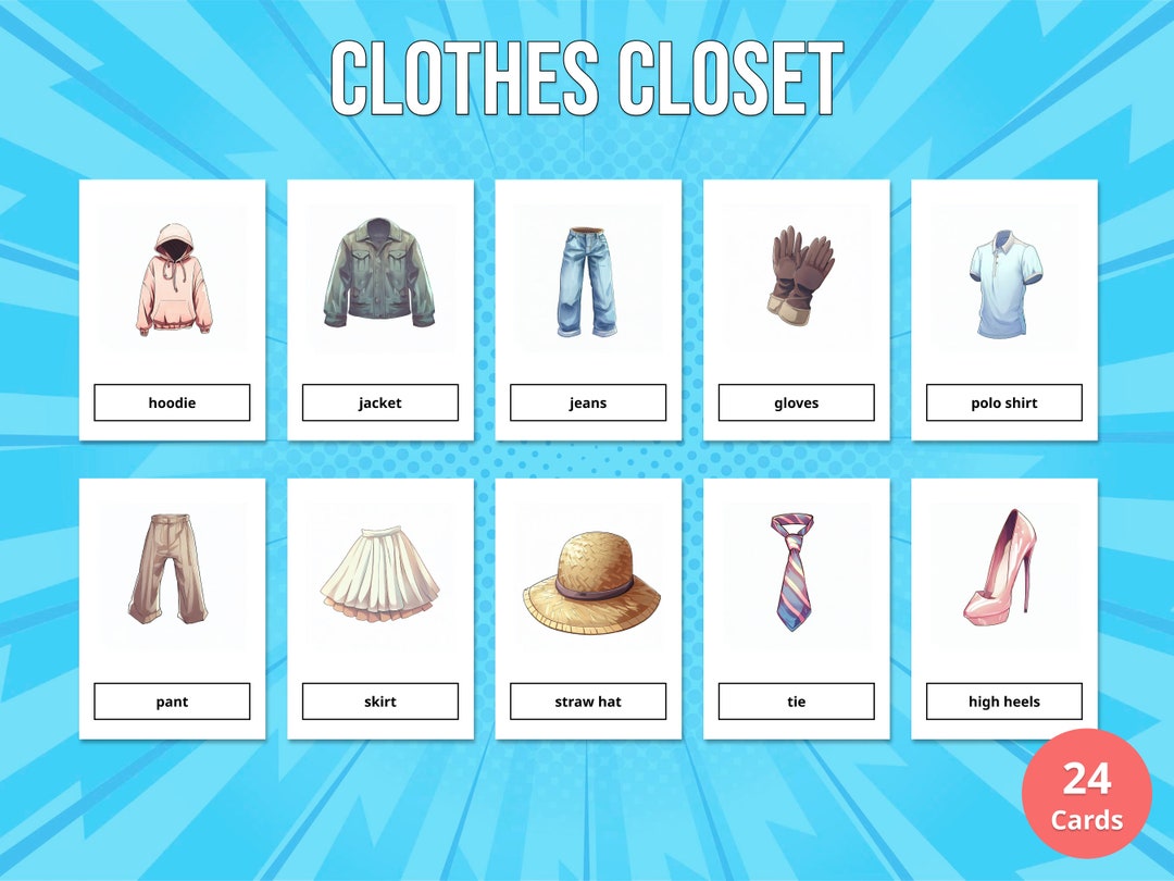 24 Clothes Closet Flash Cards Printable for Kids (montessori Cards ...