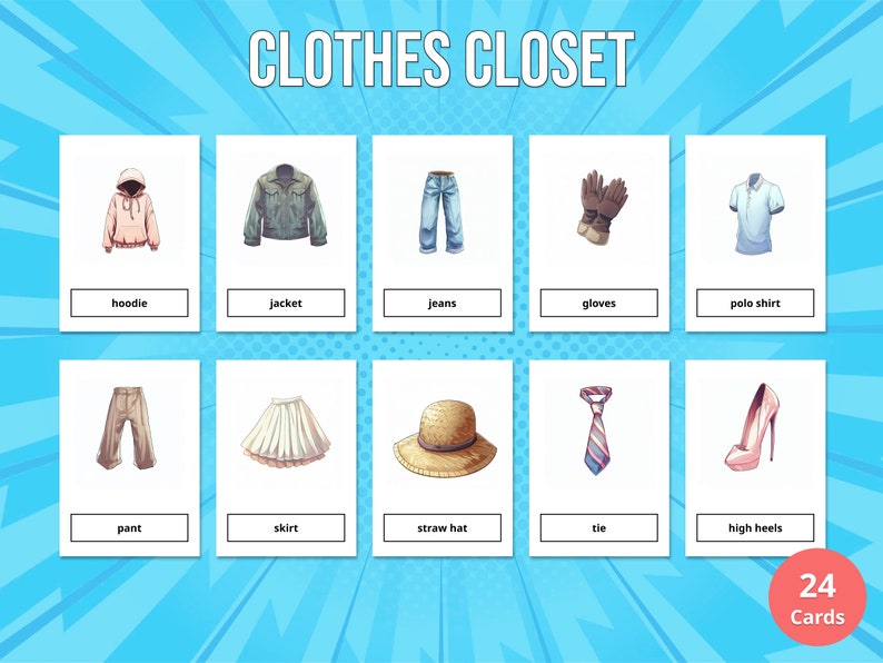 24 Clothes Closet Flash Cards Printable for Kids (montessori Cards ...