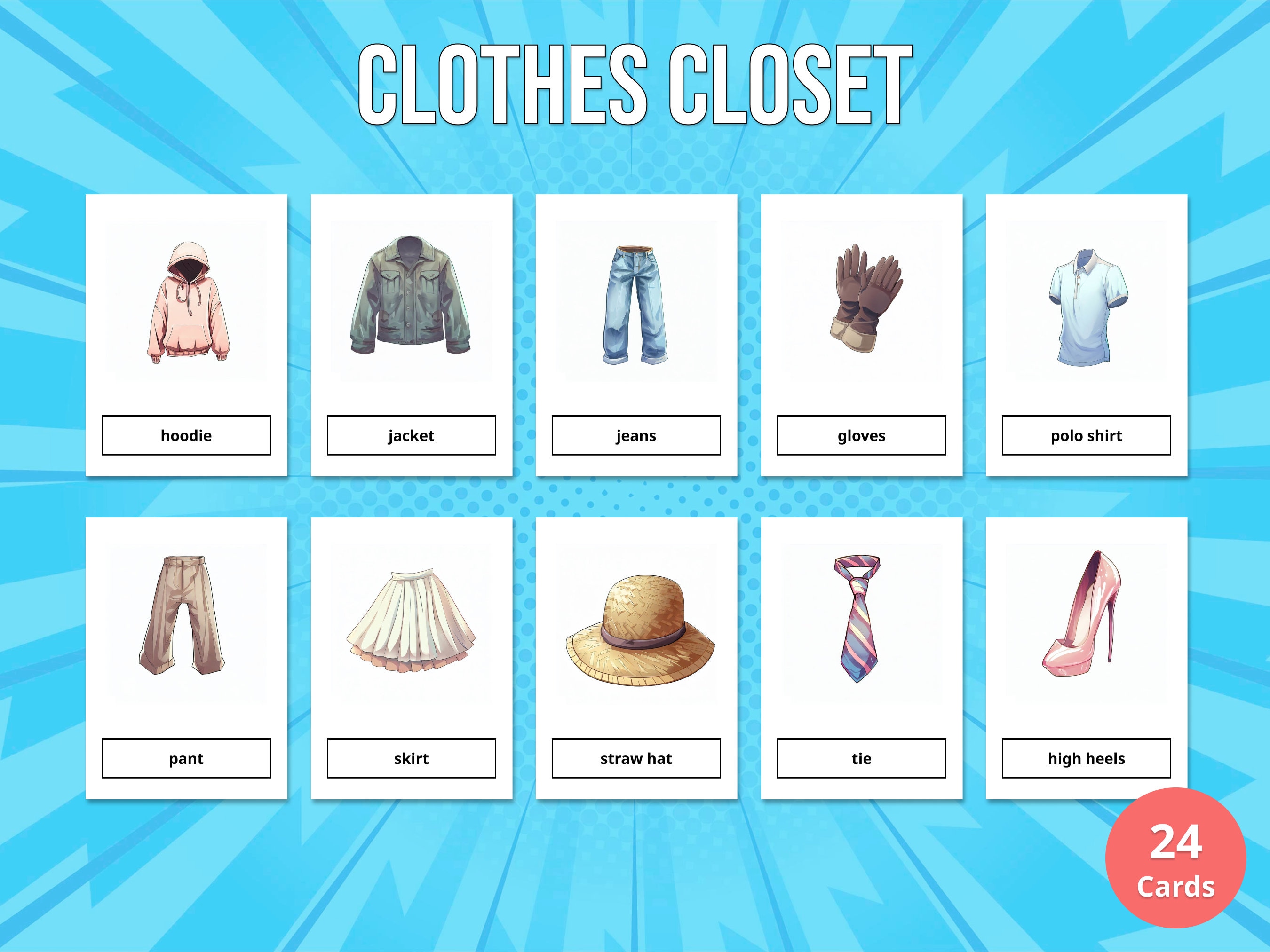 24 Clothes Closet Flash Cards Printable for Kids (montessori Cards ...