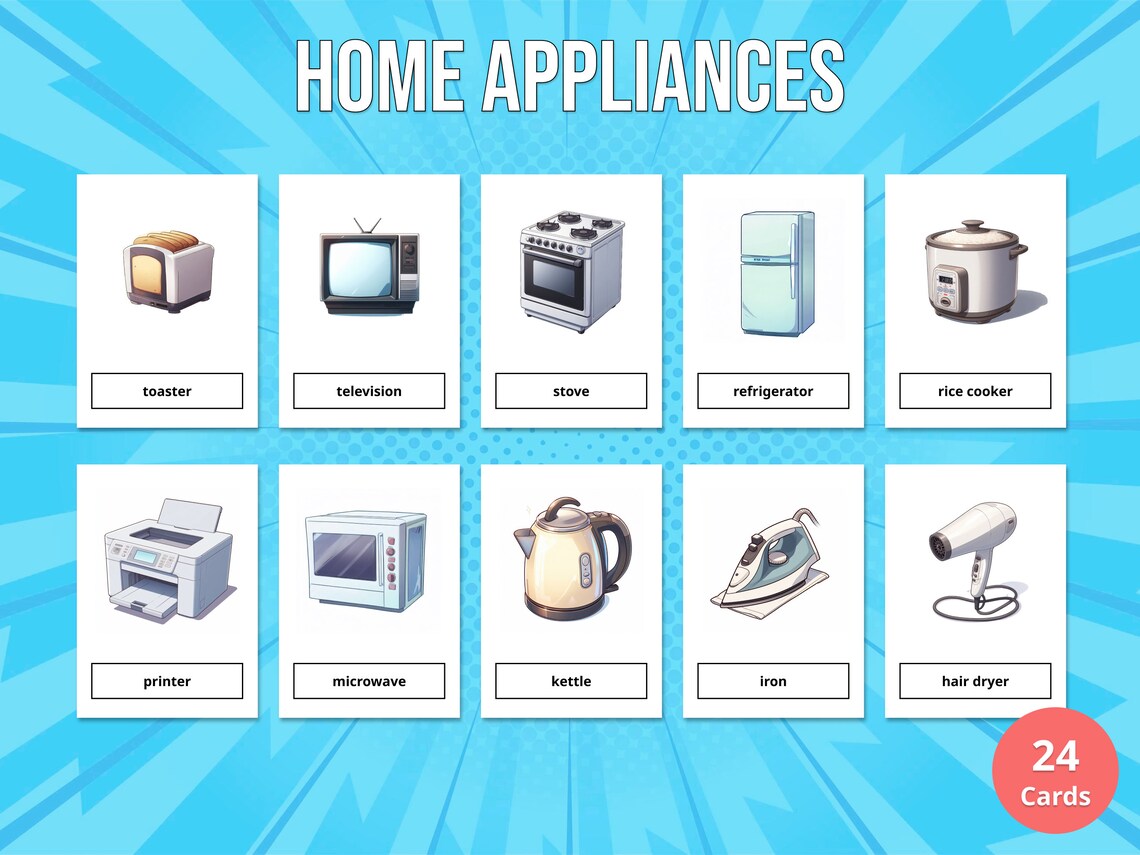 24 Home Appliances Flash Cards Printable for Kids (montessori Cards ...