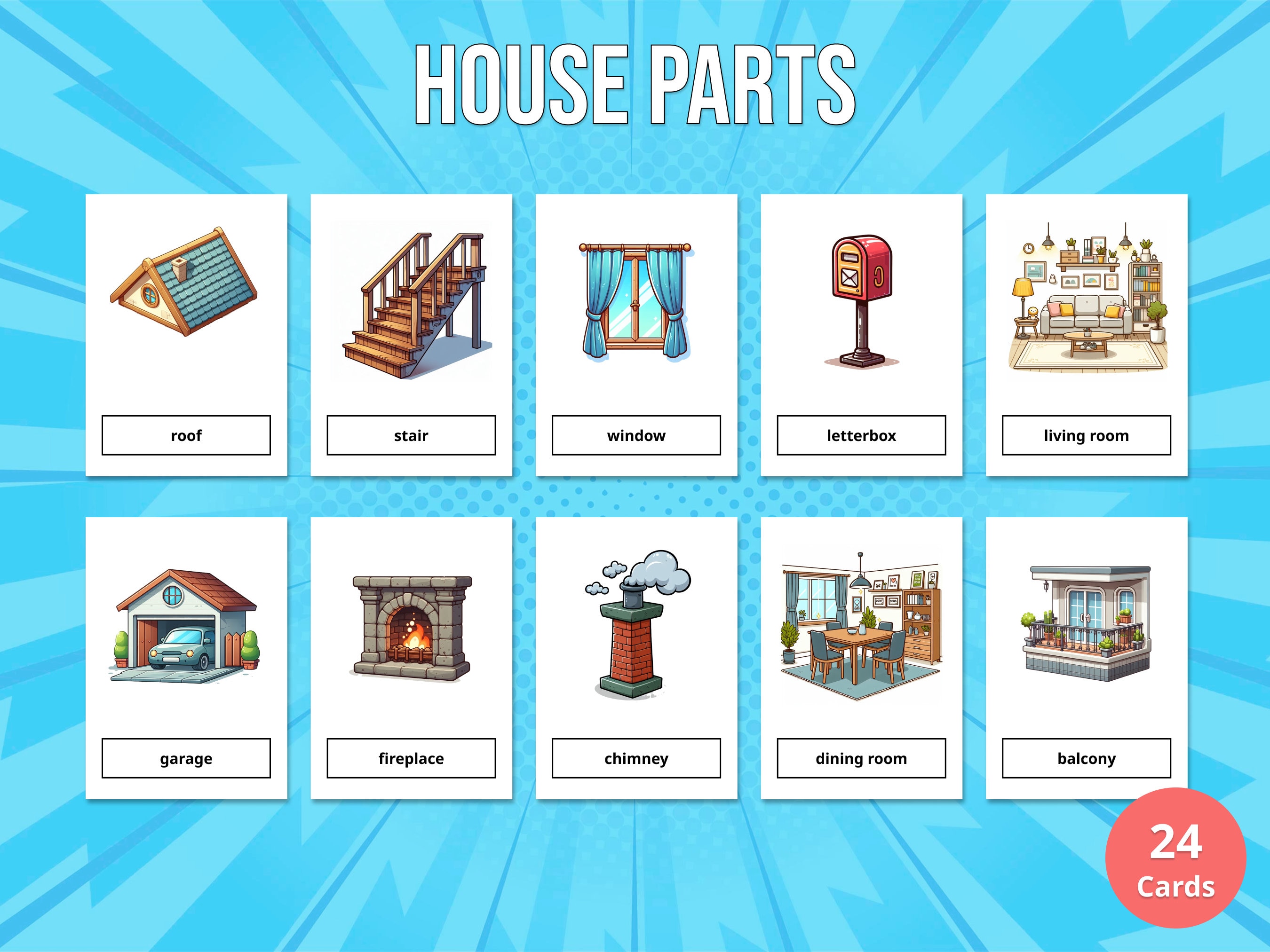 24 House Parts Flash Cards Printable for Kids (montessori Cards ...