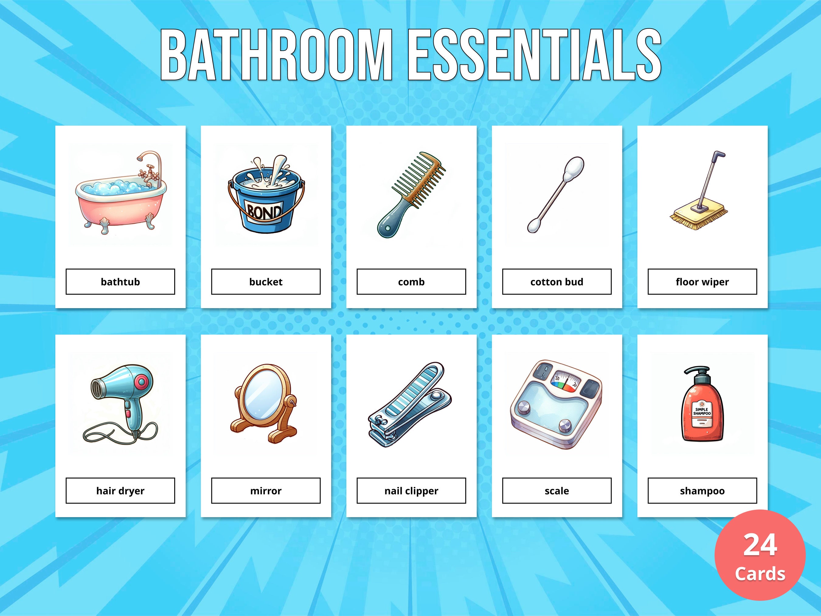 24 Bathroom Essentials Flash Cards Printable for Kids montessori Cards ...