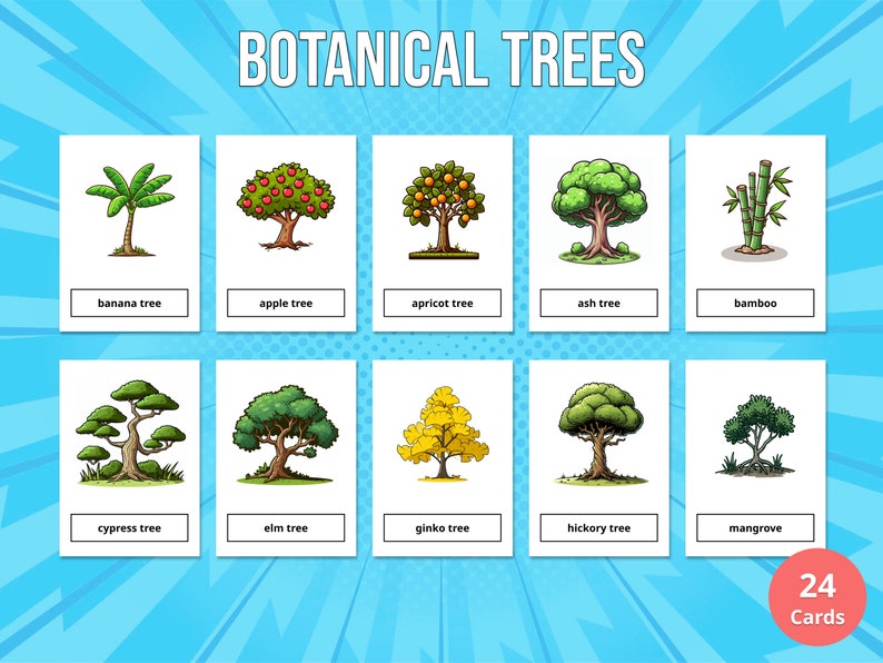 24 Botanical Trees Flash Cards Printable for Kids (montessori Cards ...