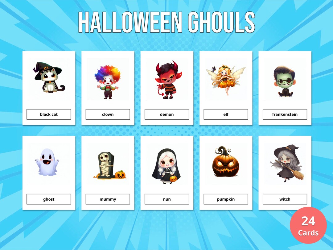 24 Halloween Ghouls Flash Cards Printable for Kids montessori - Etsy