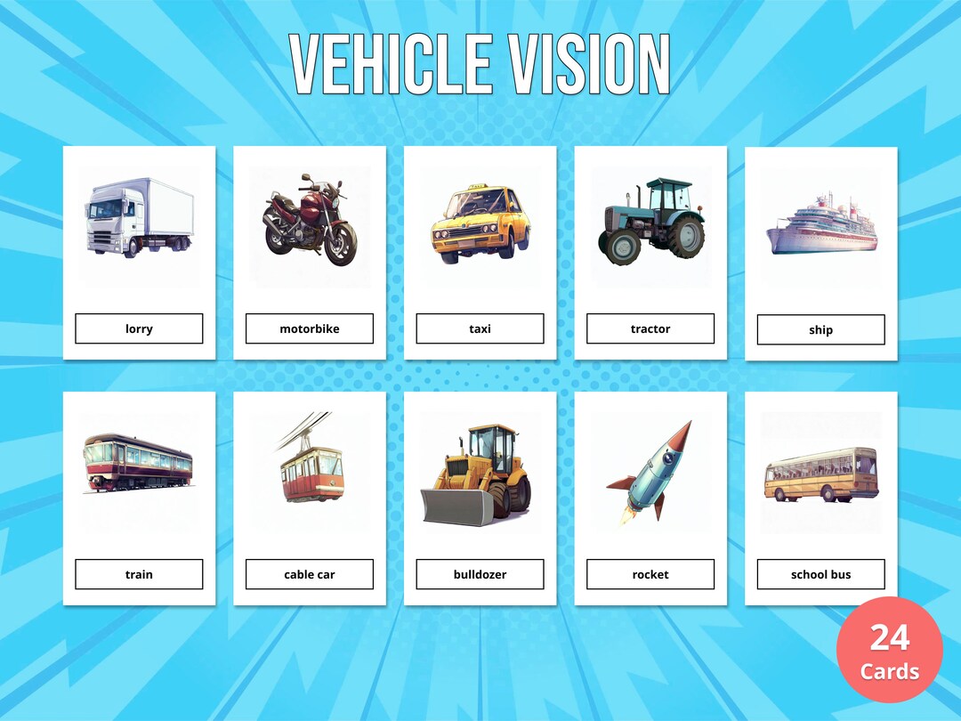 24 Vehicle Vision Flash Cards Printable for Kids (montessori Cards ...